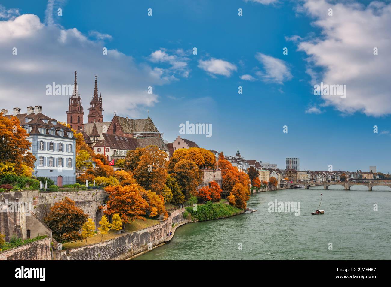 Basel Switzerland, city skyline at Rhine River with autumn foliage ...