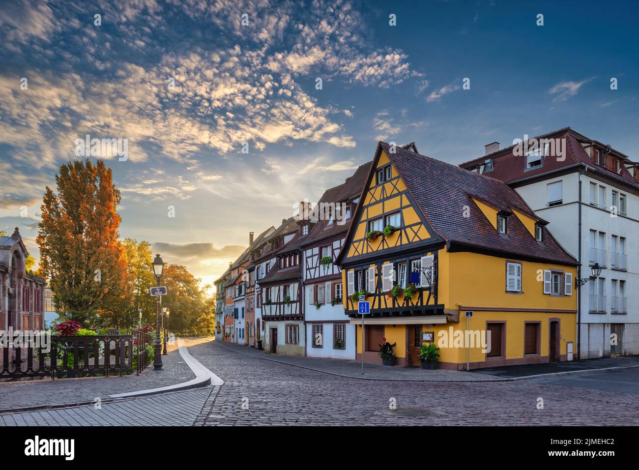 Colmar France, colorful half timber house sunrise city skyline at Ill ...