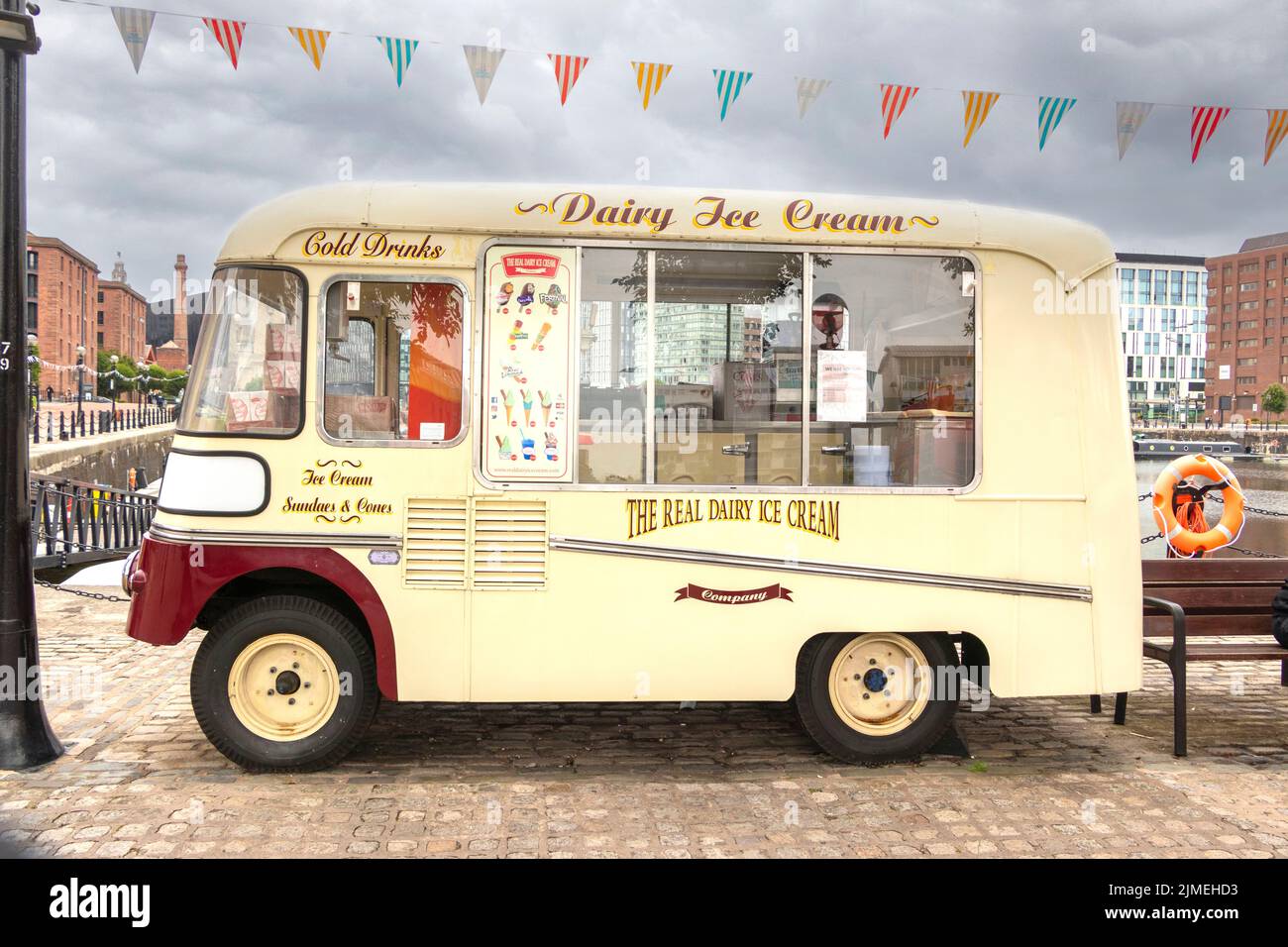 vintage austin LD FG ice cream van on dockside in Liverpool Merseyside ...