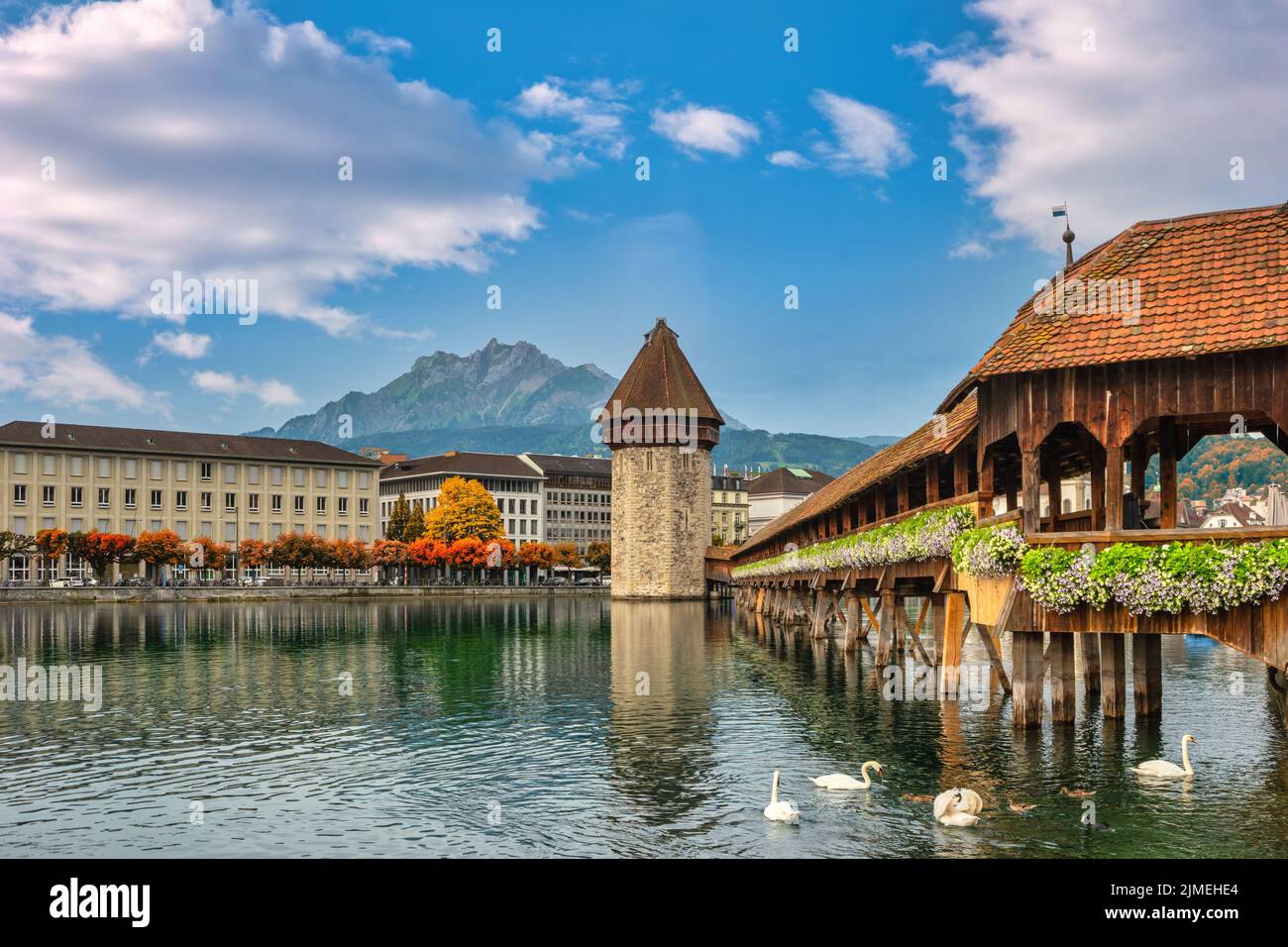 Lucerne (Luzern) Switzerland, city skyline at Chapel Bridge with autumn ...
