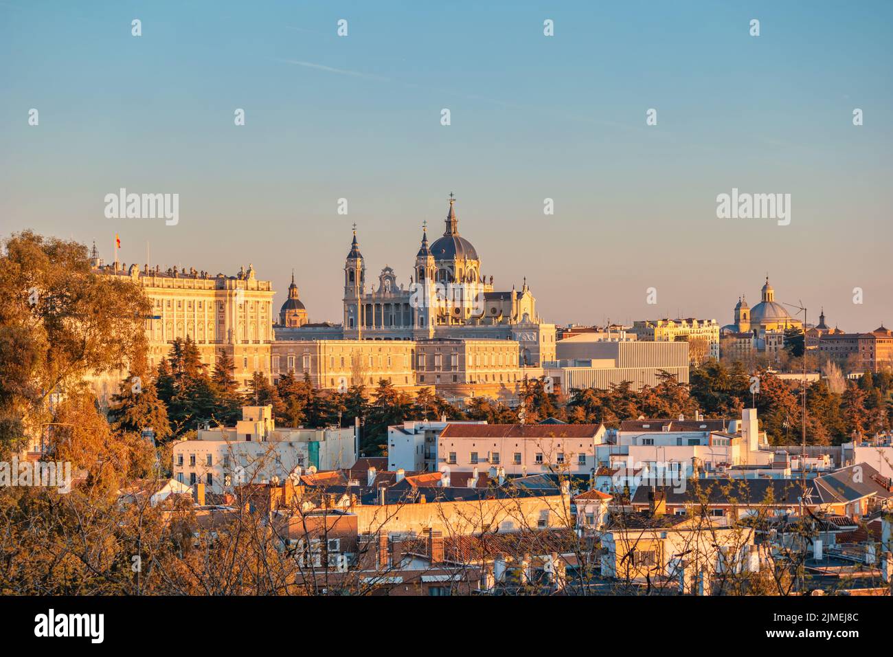 Madrid Spain, sunset city skyline at Cathedral de la Almudena with ...
