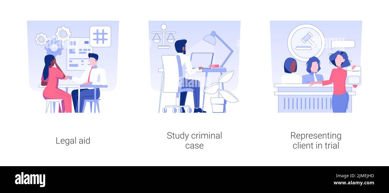 Criminal lawyer isolated concept vector illustration set. Legal aid ...
