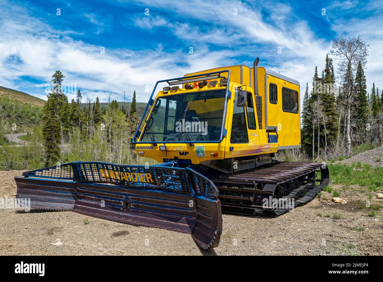 A Bombardier Plus MP Snowcat with plow parked at the Pomerelle Mountain ...