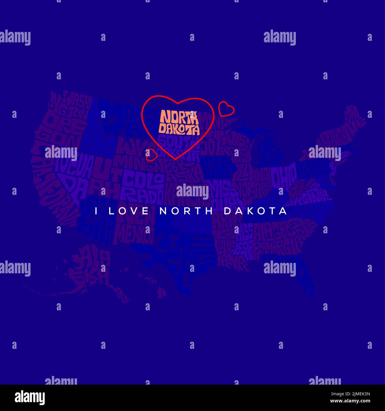 North Dakota state map Typography. USA map with the all state name in ...