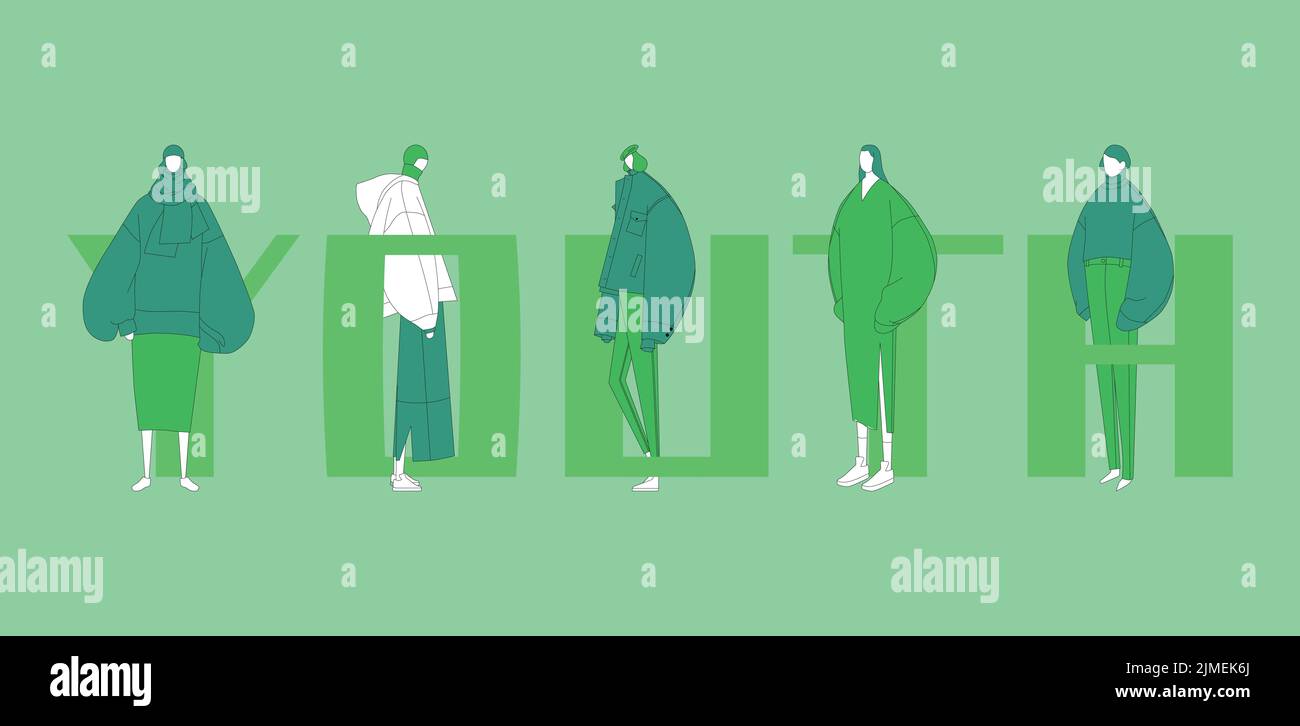 A vector design of five ladies with casual outfits and the word YOUTH ...