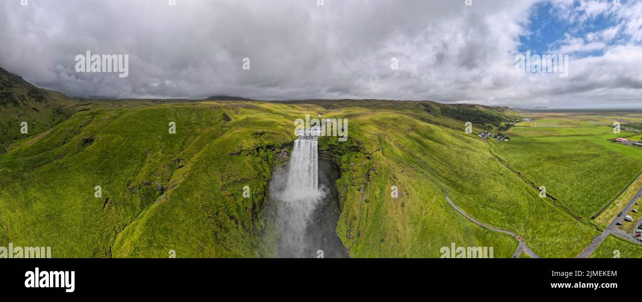 Drone view at Skogafoss waterfall on iceland Stock Photo - Alamy