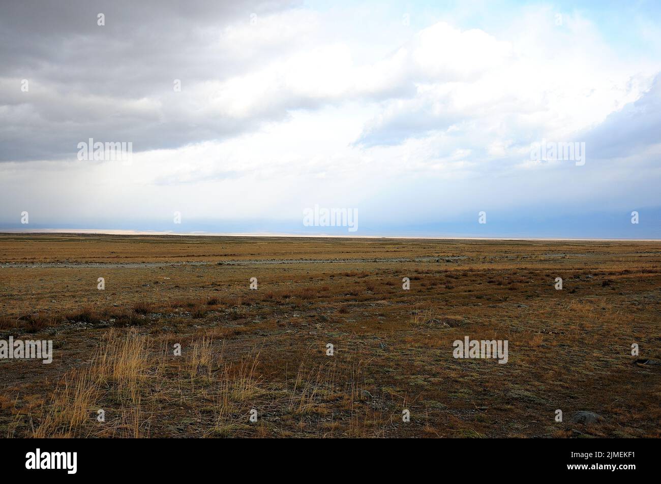 Flat and boundless steppe under the autumn cloudy sky. Chui steppe ...
