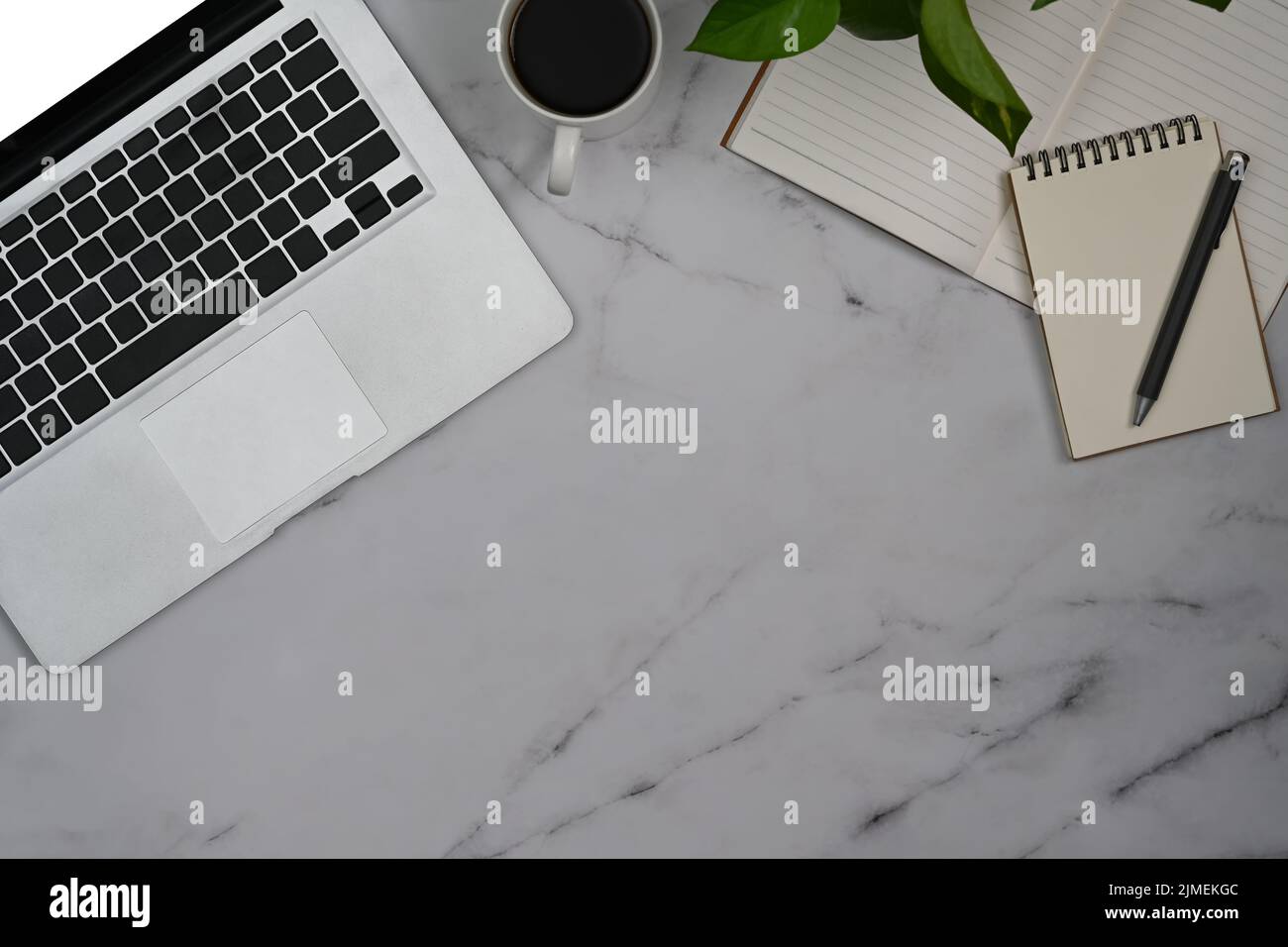Top view laptop computer, notepad, coffee cup and houseplant on marble ...
