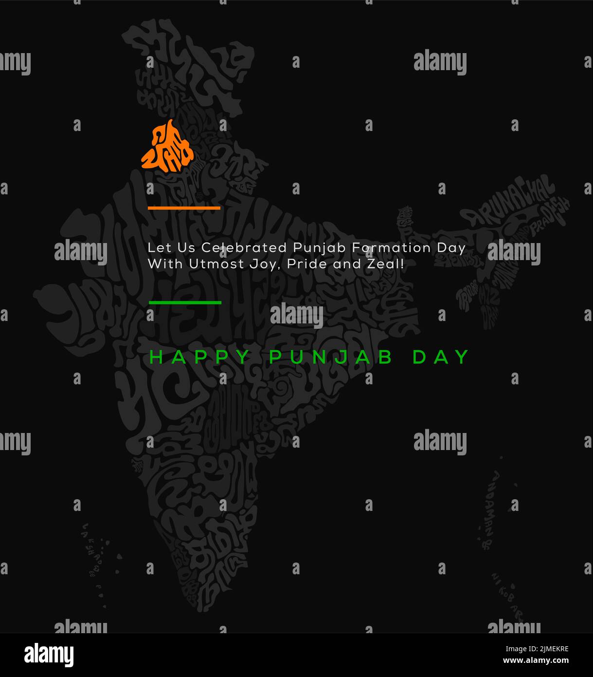 Happy Punjab Day. India map with all states languages typography ...