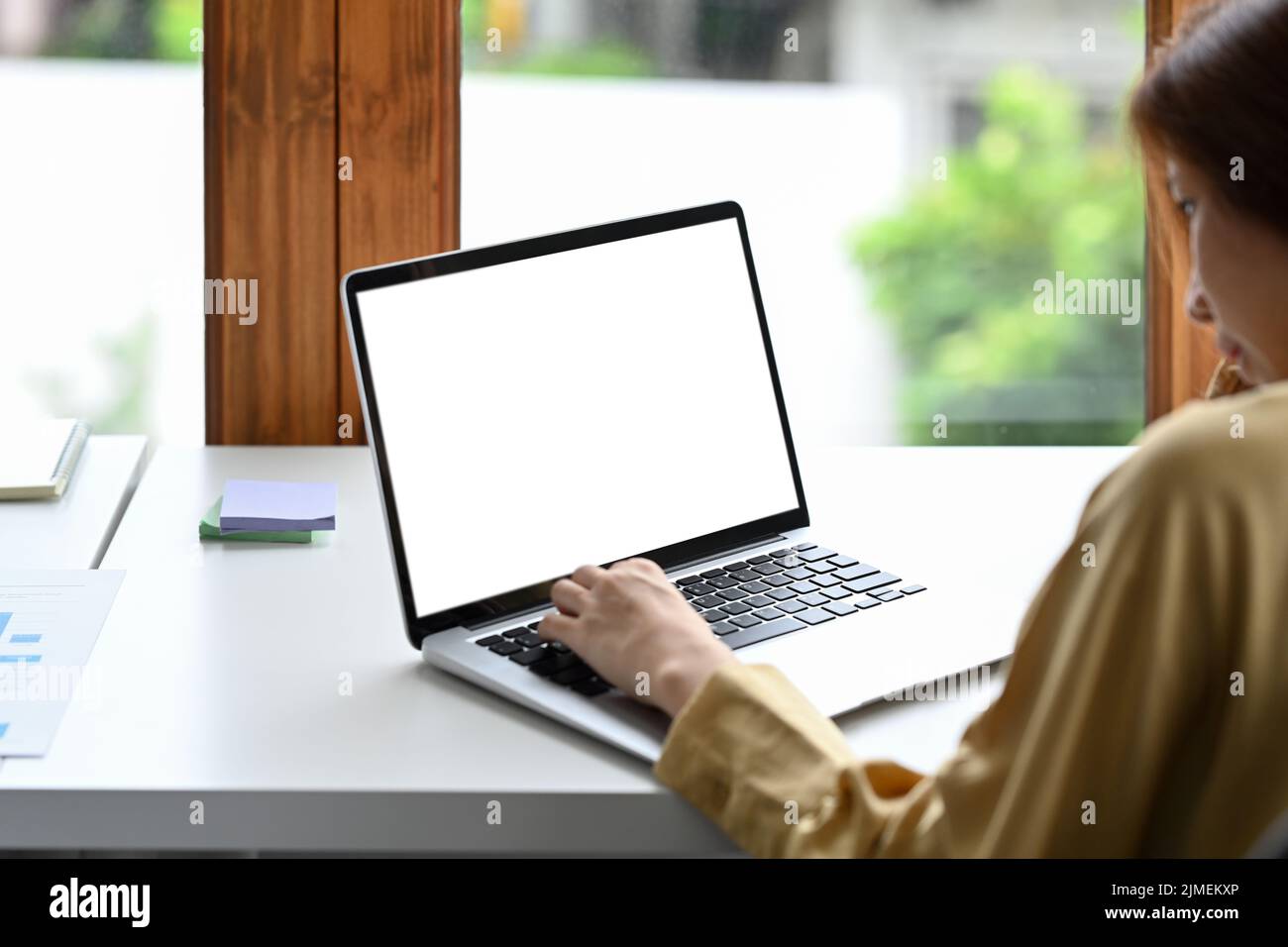 Rear view of female employee working, searching information on her ...