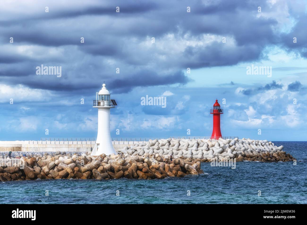 Sacheon beach light houses Stock Photo - Alamy
