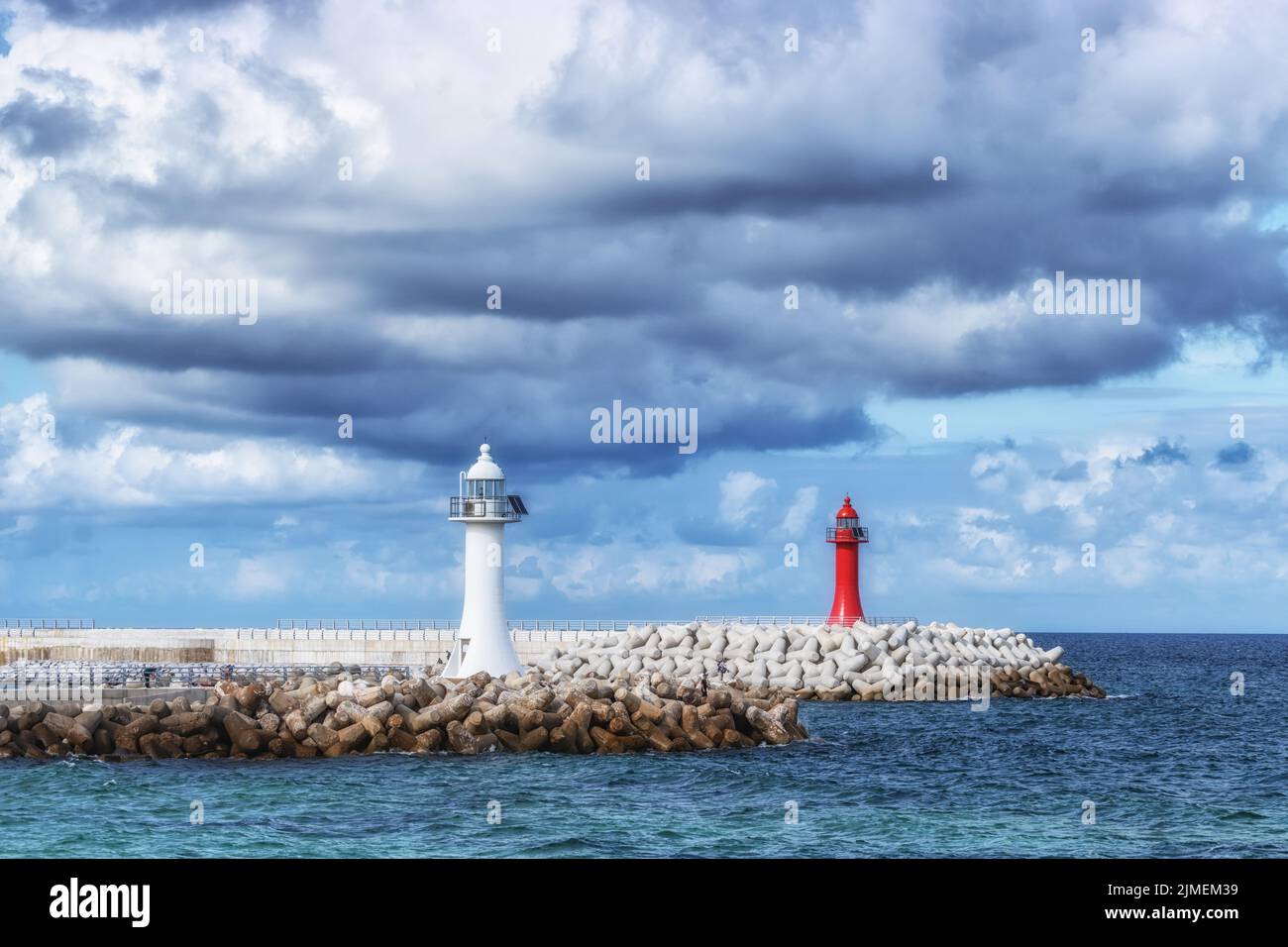 Sacheon beach light houses Stock Photo - Alamy