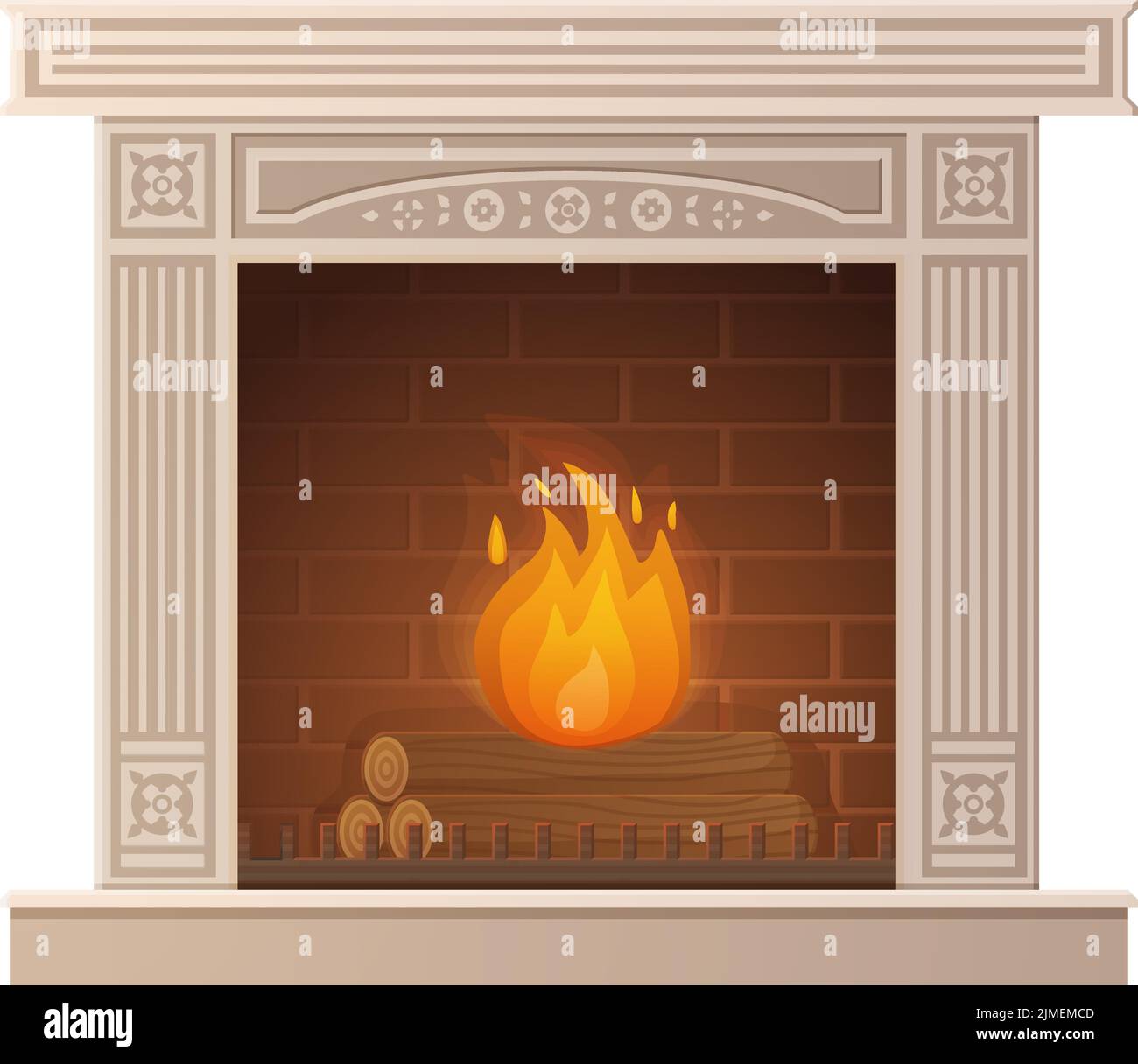 Cozy white stone burning fireplace in cartoon style isolated on white ...