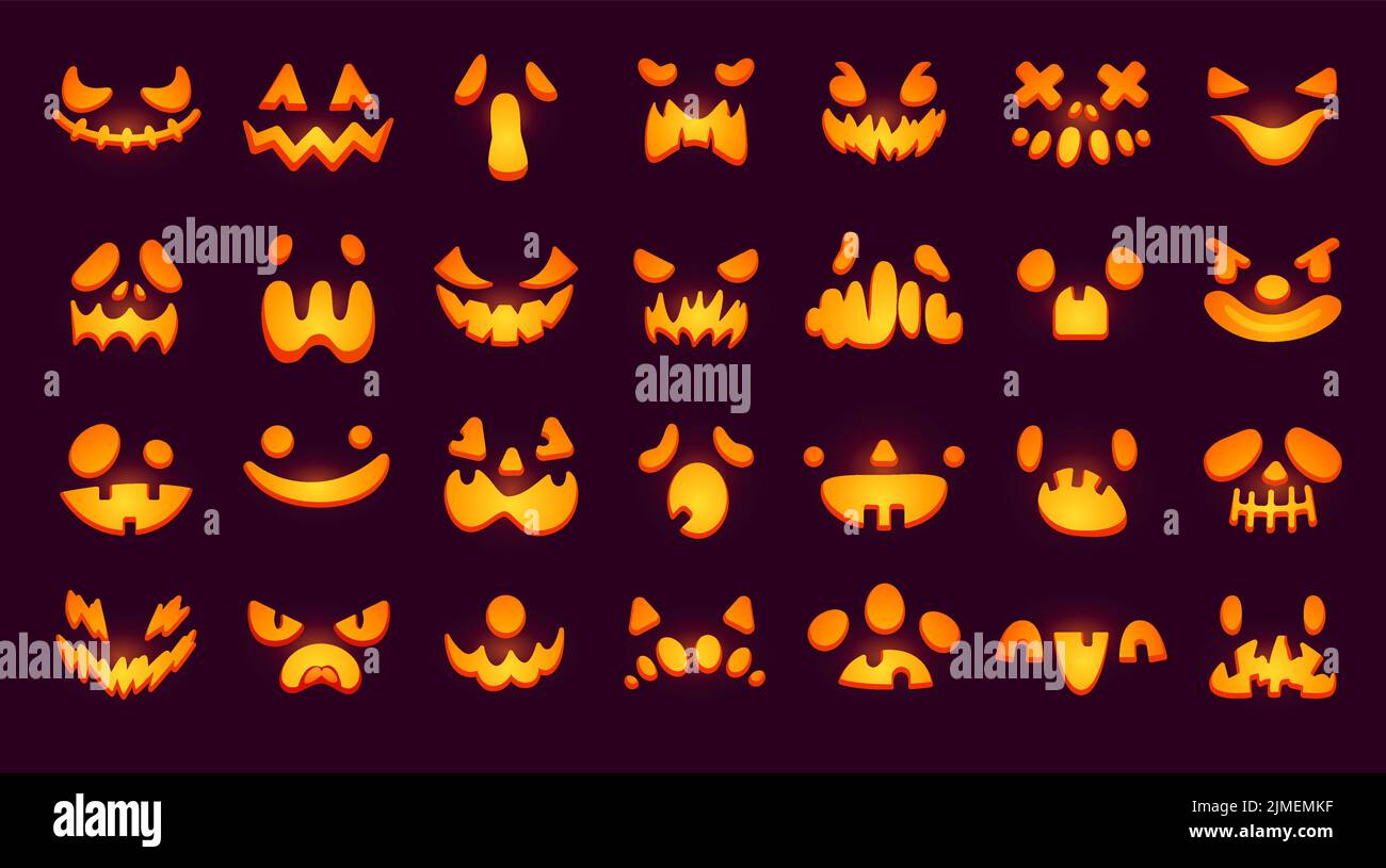Glowing pumpkin faces. Glow eyes and teeth mouth of scary halloween ...