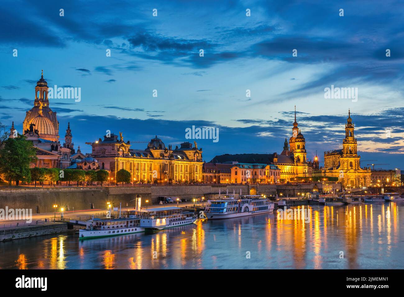 Dresden Germany, night city skyline at Elbe River and Augustus Bridge ...