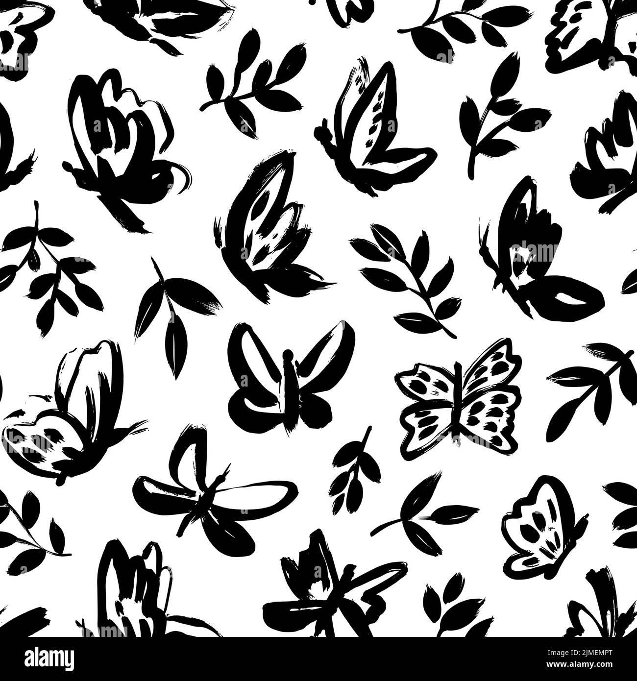 Black butterflies with small leaves vector pattern Stock Vector Image ...