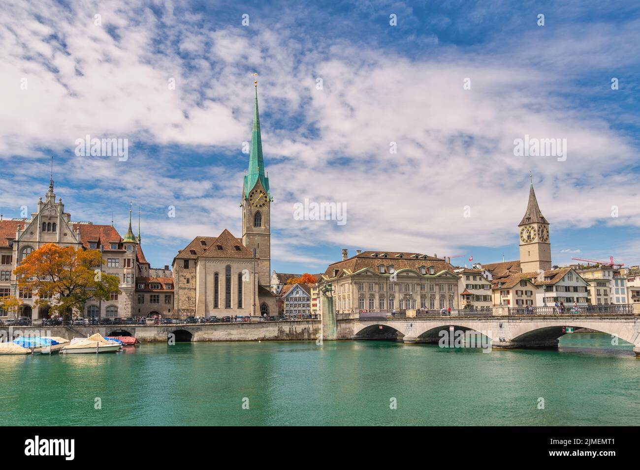 Zurich Switzerland, city skyline at Limmat River with autumn foliage ...