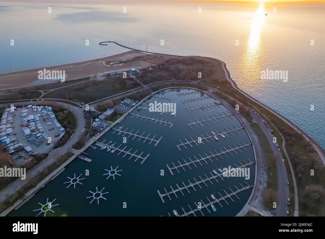 An aerial view of green parks and harbors on peninsulas of Montrose ...