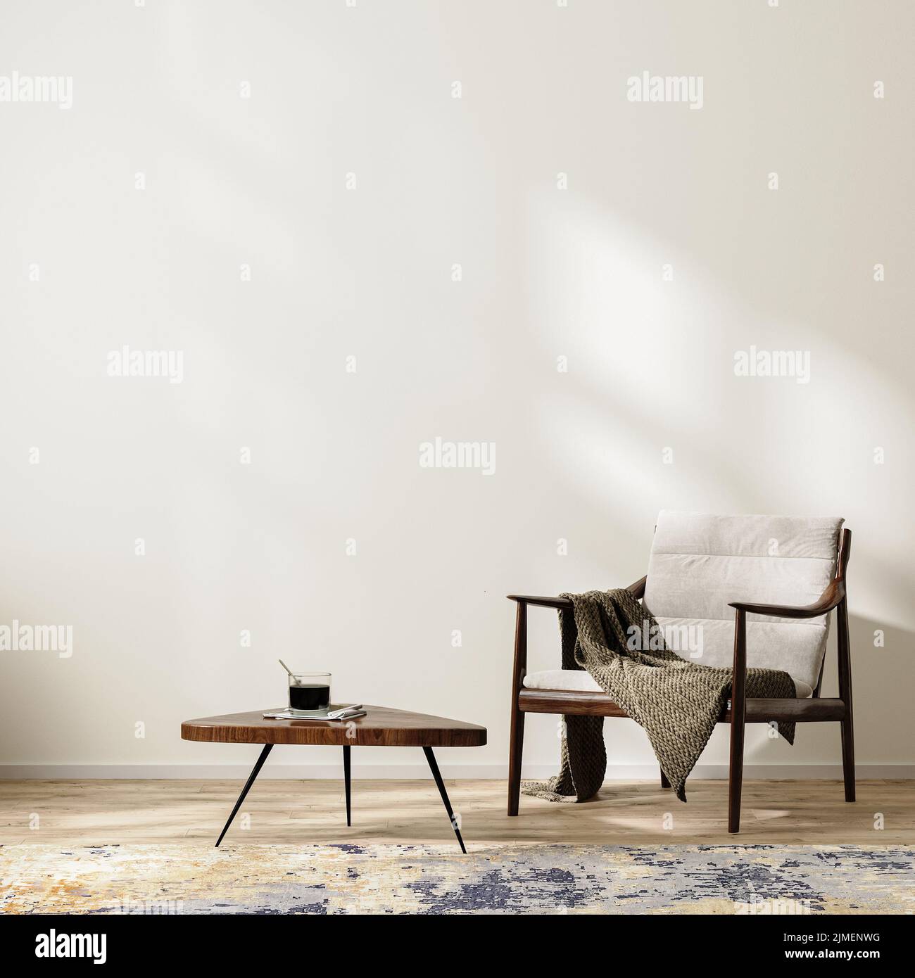Scandinavian minimalist interior background with armchair with blanket ...