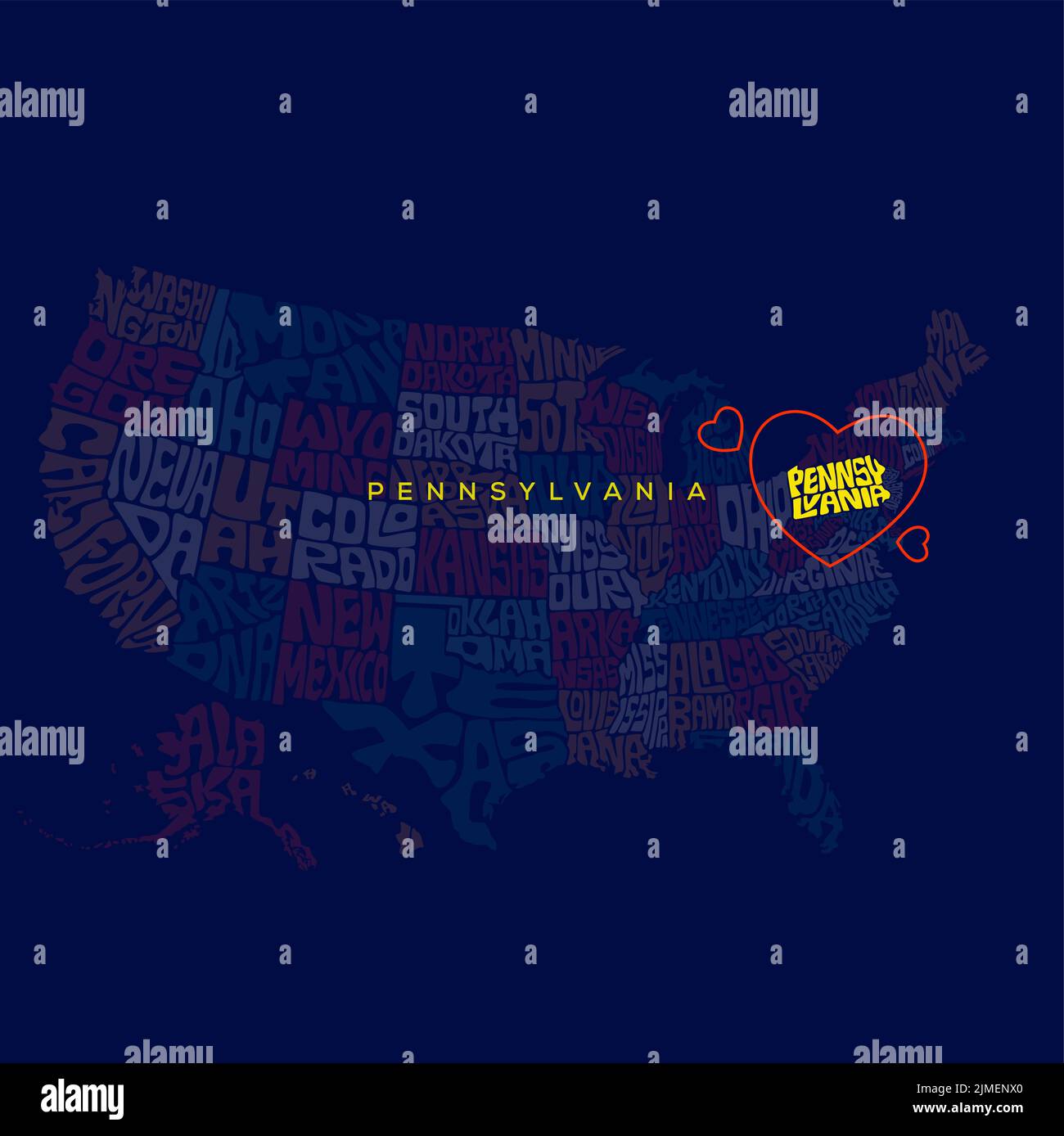 A vector of the US map with states names with creative lettering ...