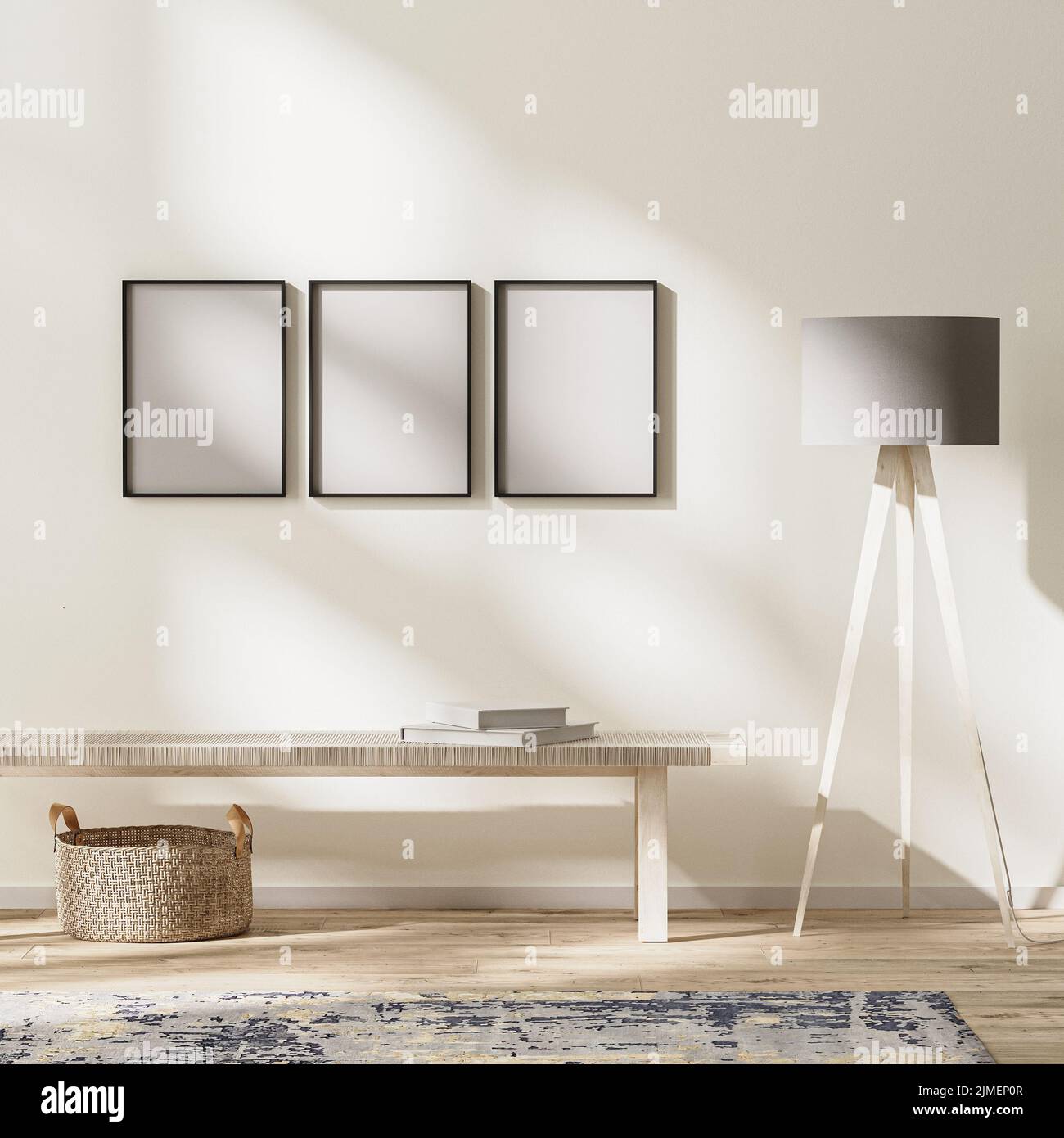 Frames mock up in modern living interior, bright room with sunbeams ...