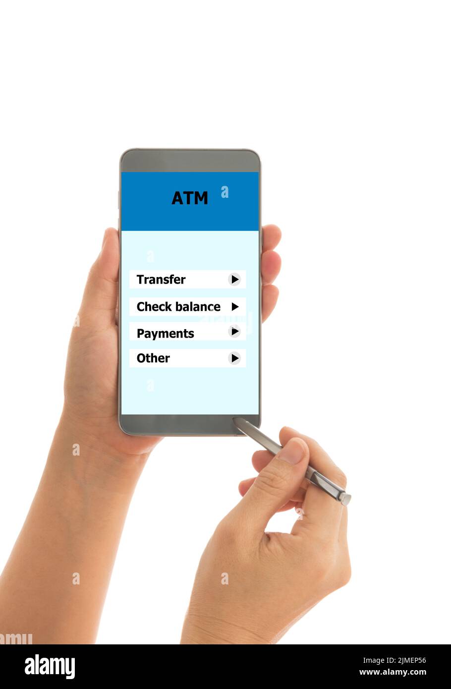 Human holding Use the phone to pay bills over the phone Stock Photo - Alamy