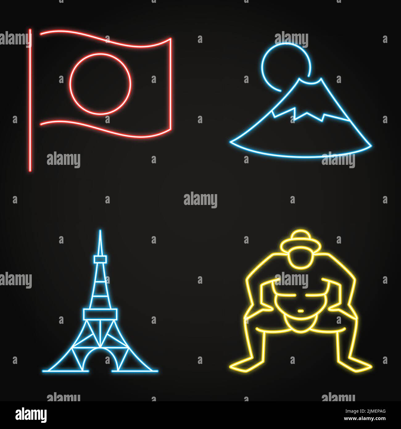 Japan traditional symbols neon icon set. Japanese national flag, mount ...