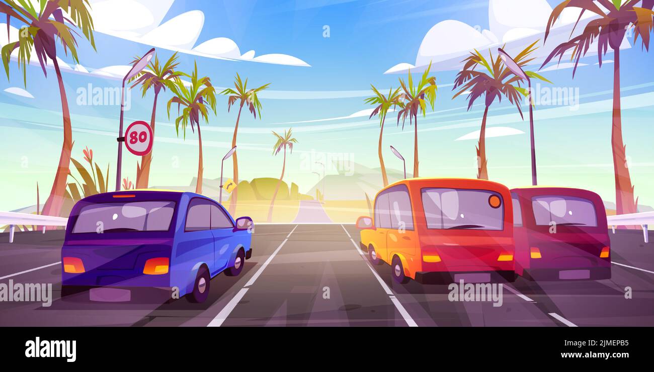 Cars driving road with palms and sunny tropical landscape. Cartoon ...