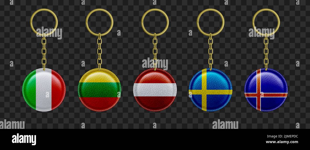 Leather keychain with European countries flags. Vector realistic set of ...