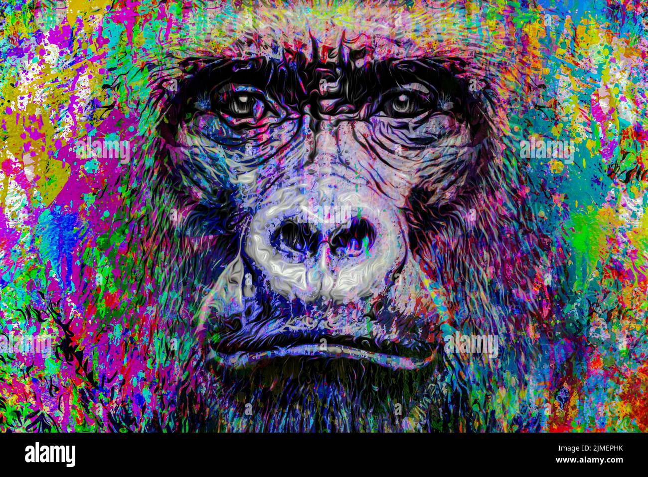 colorful artistic gorillas monkey muzzle with bright paint splatters on ...