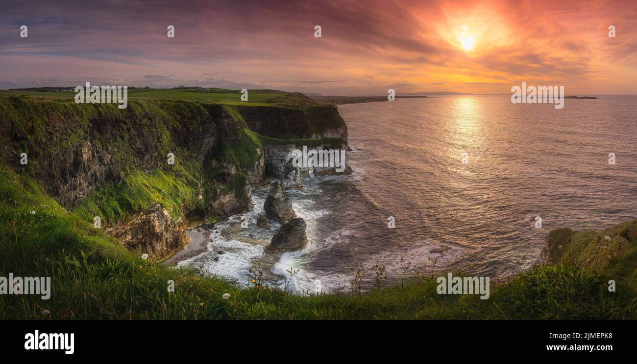 Wide panorama with beautiful white, limestone cliffs at dramatic sunset ...