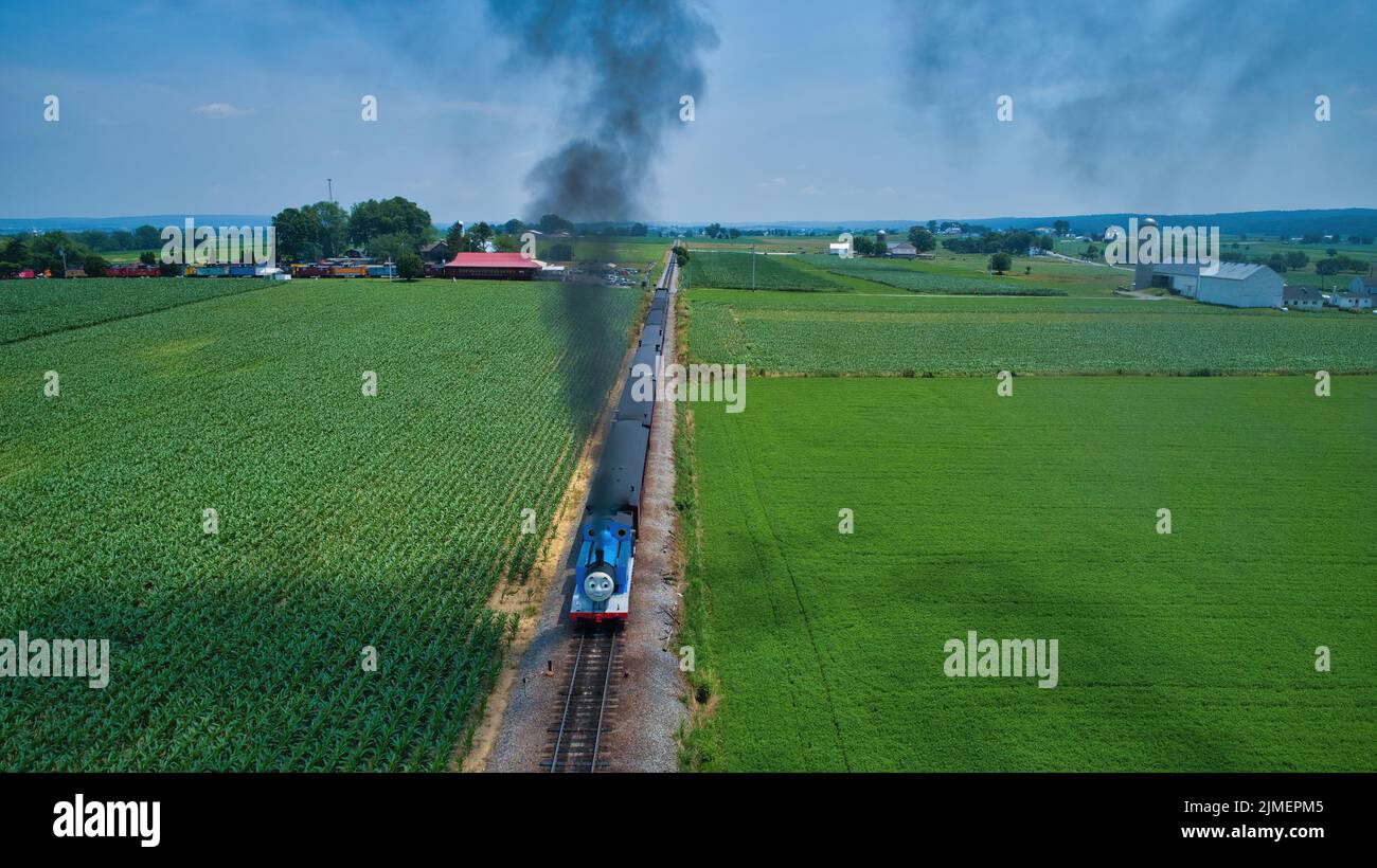 Aerial Head on View of Thomas the Tank Engine Approaching Thru Trees ...