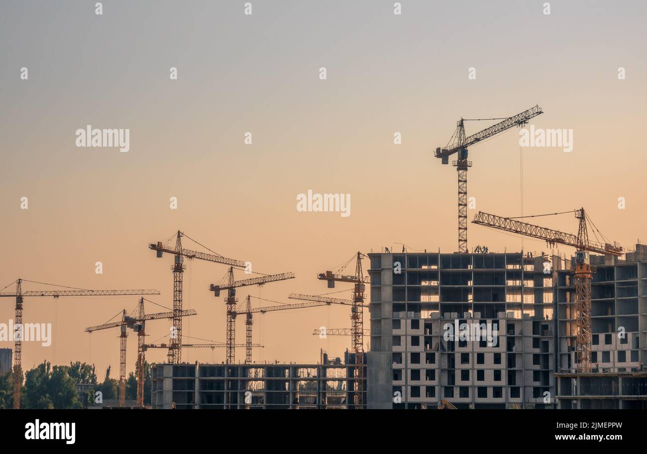 Lots of Cranes at the Evening Construction Stock Photo - Alamy