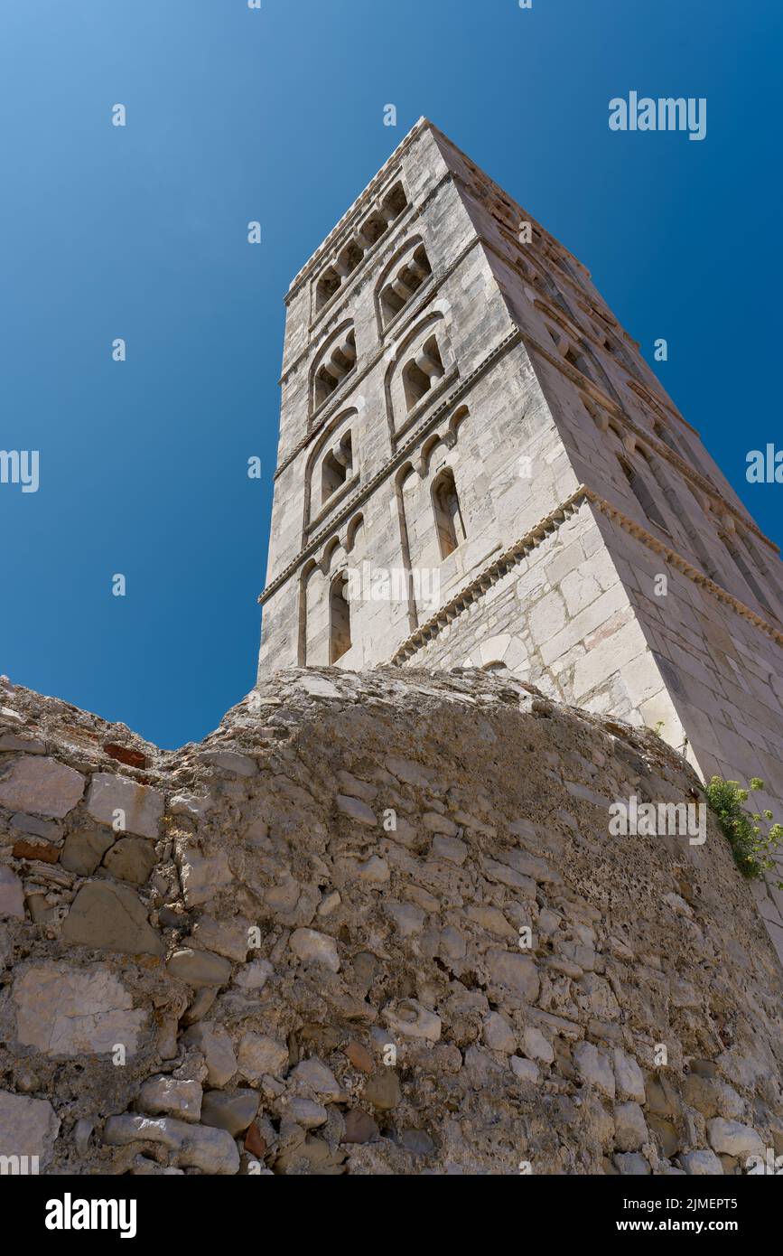 View to the top of the bell tower in the old town of Rab in Croatia ...