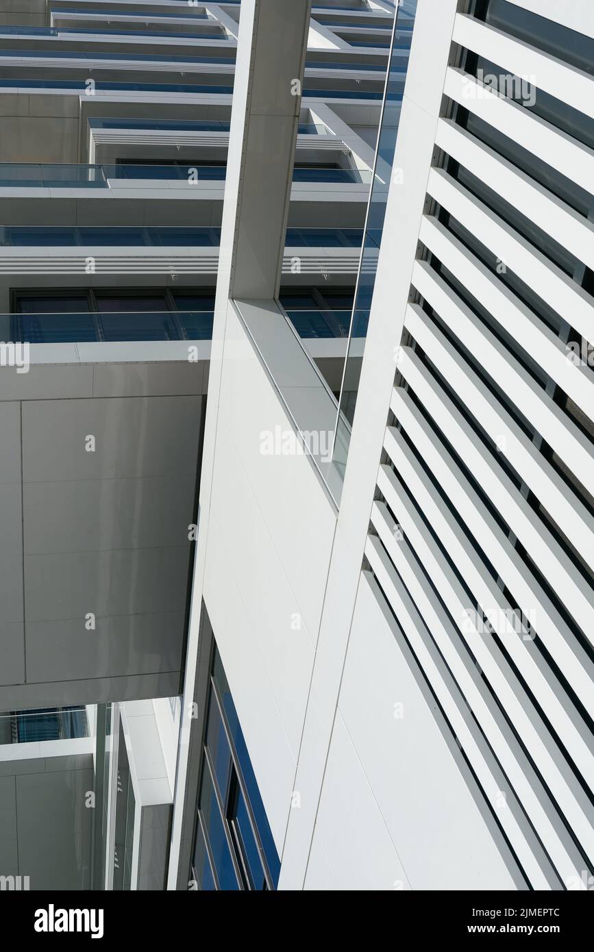 View upwards at a modern new apartment building in downtown Berlin ...