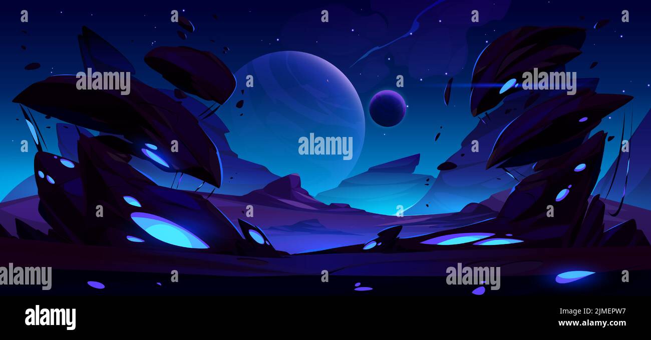 Fantastic space background with alien planet landscape at night. Vector ...