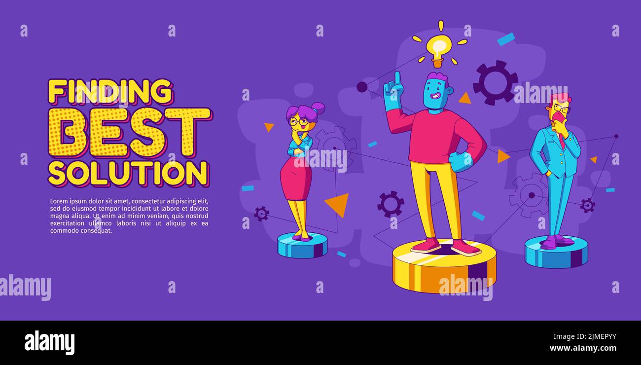 Finding best solution poster with thinking characters and person having ...