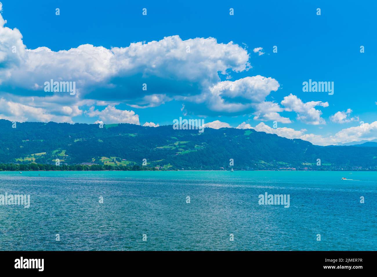 Germany, Beautiful panorama view above lakeside of turquoise bodensee ...