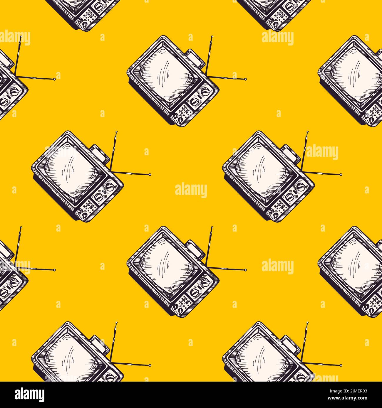 Retro TV with antenna engraved seamless pattern. Vintage television in ...