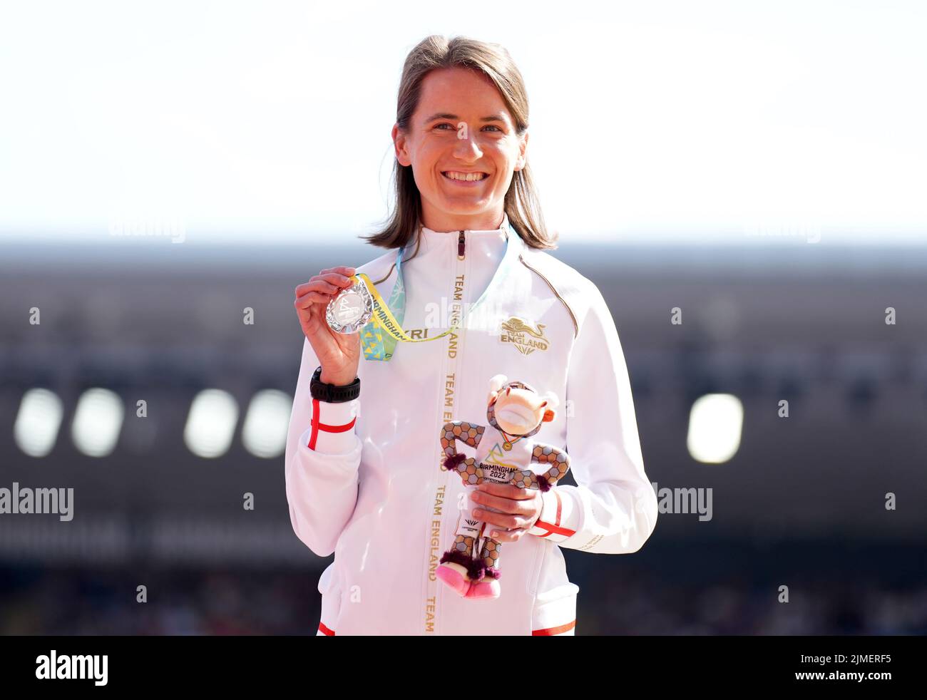 England's Elizabeth Bird poses with her silver medal after finishing ...