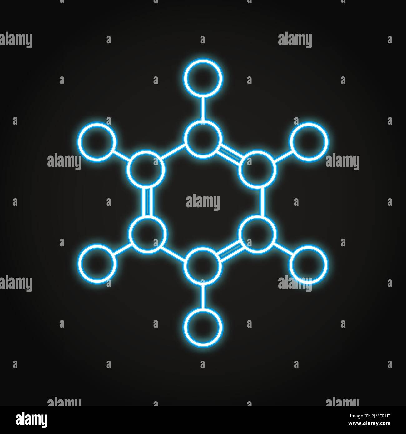 Benzene structural model neon icon in line style. Chemical structure of C6H6 molecule. Vector ...