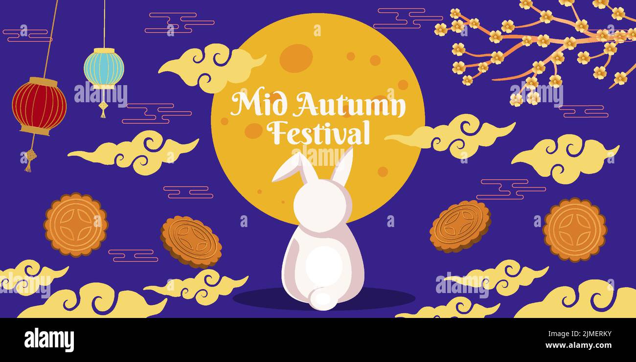 flat mid autumn festival illustration with moon, mooncake, tree, clouds ...