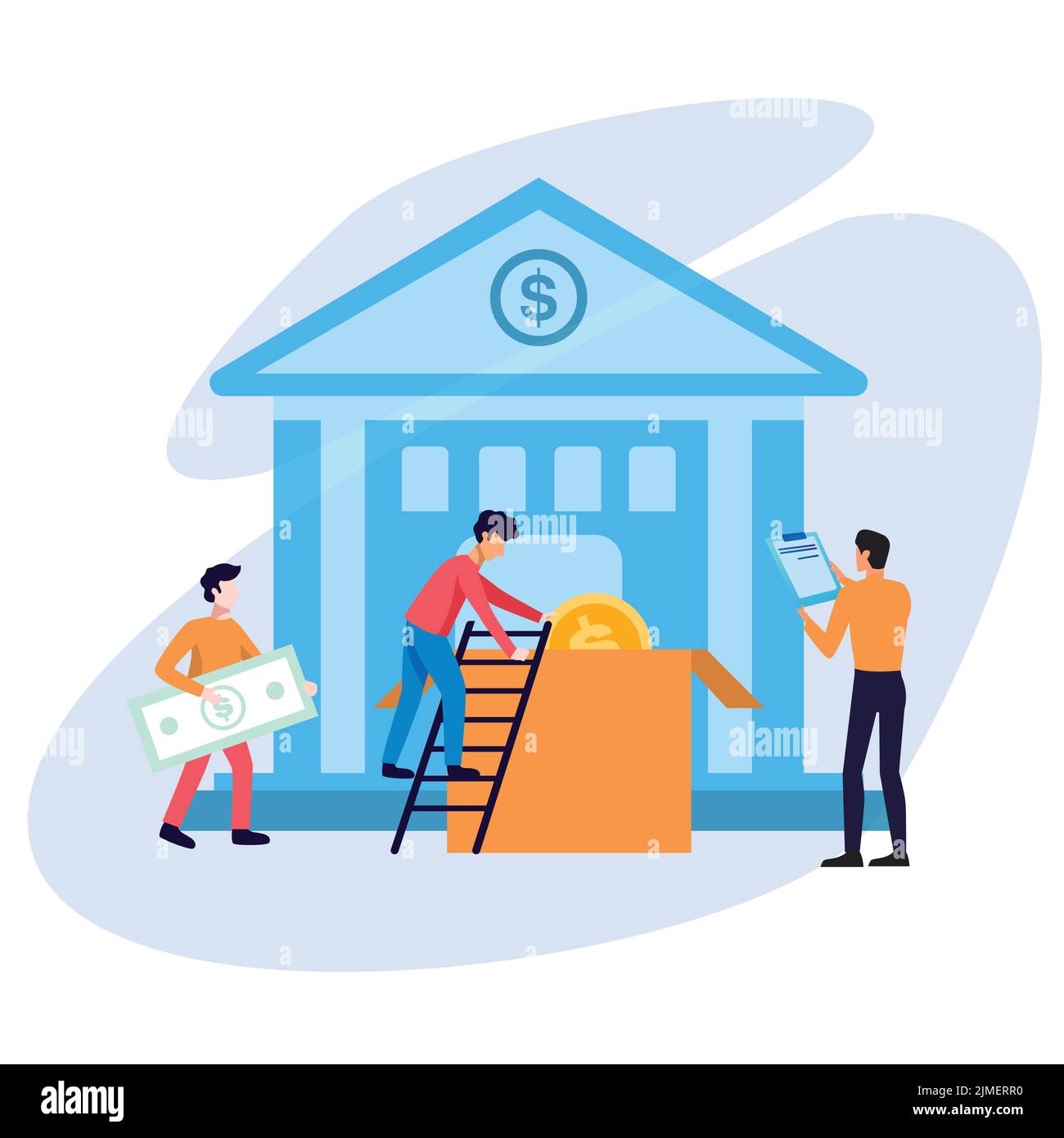 A cartoon vector of bank surrounded by people putting savings in box ...