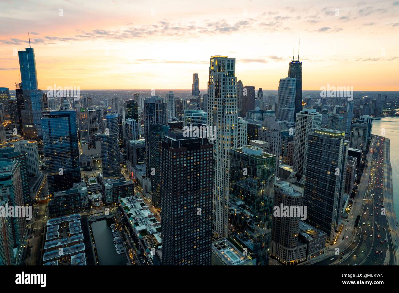 An aerial view of Chicago cityscape under colorful sunset sky Stock ...