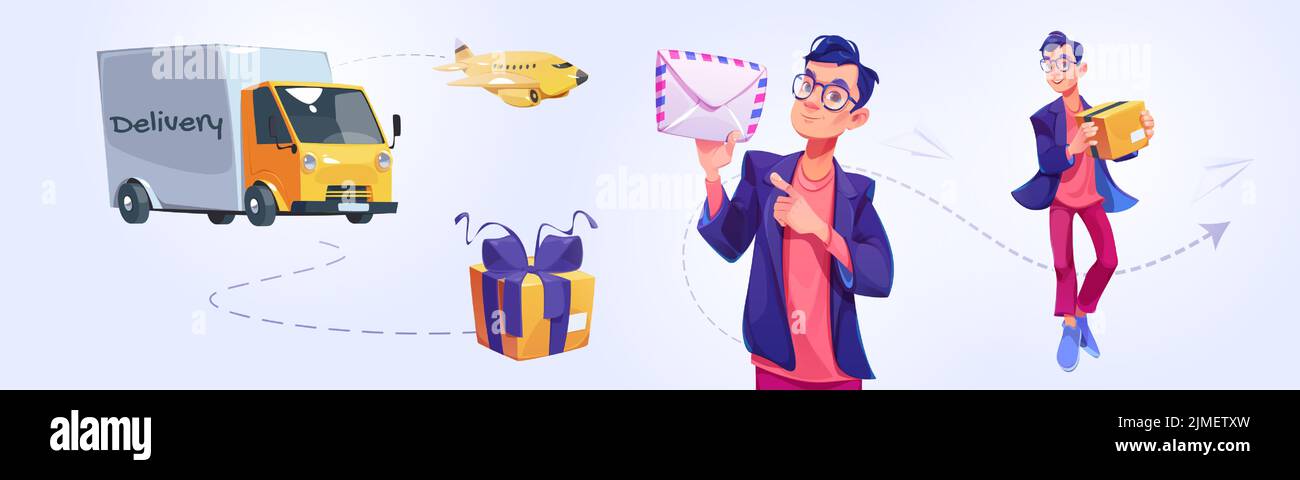 Concept of delivery, post and shipping service with postman with letter ...