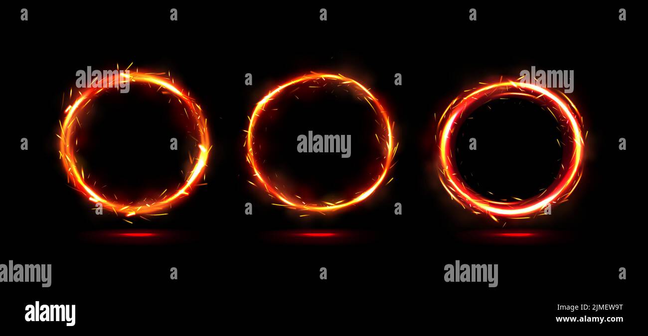 Fire rings, burning circle frames with glow and sparks isolated on ...