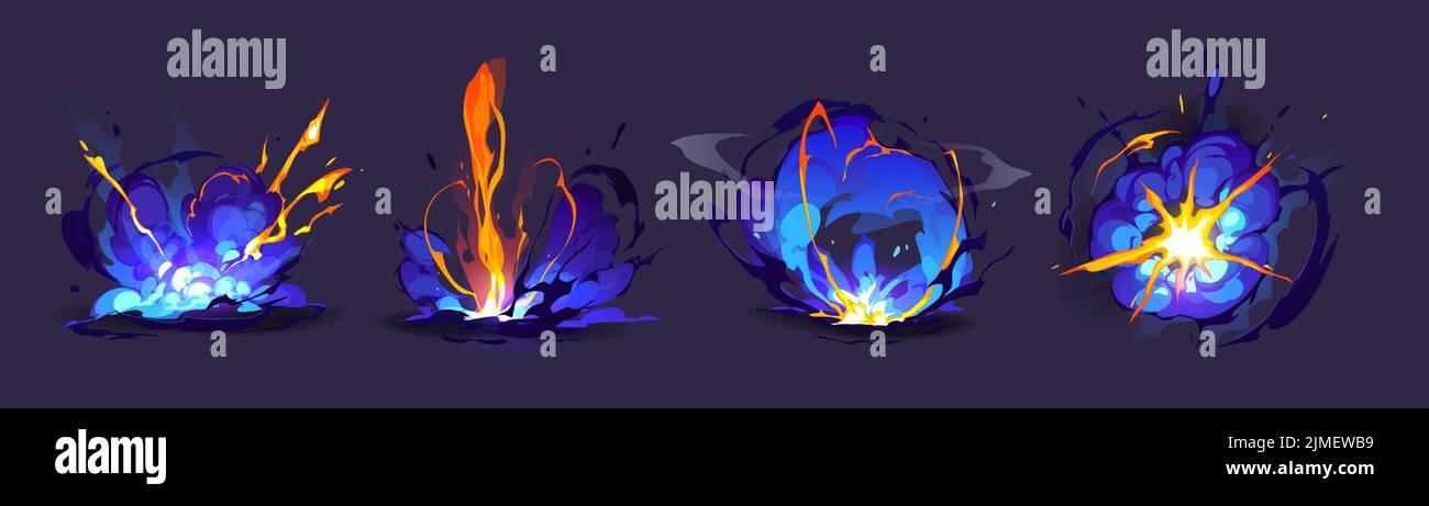 Magic explosions, light flash or energy burst with fire and blue smoke ...