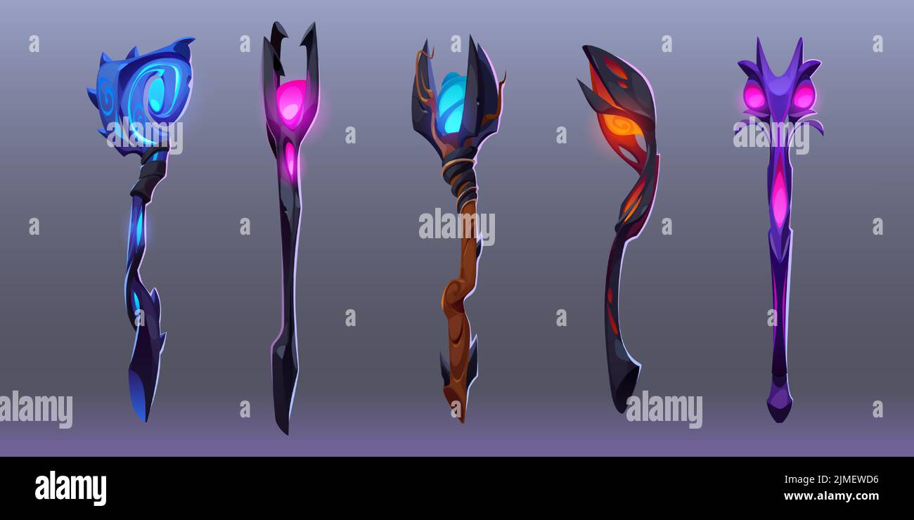 Magic staffs cartoon illustration set. Ancient crooked wooden stick with glowing colorful gems ...