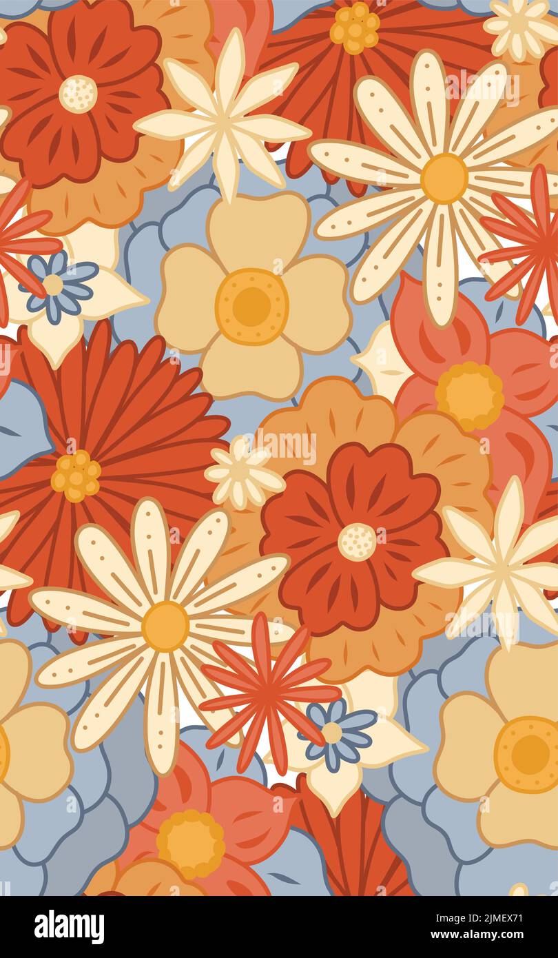 Vector seamless retro pattern with dense groovy flowers. Hippie texture ...