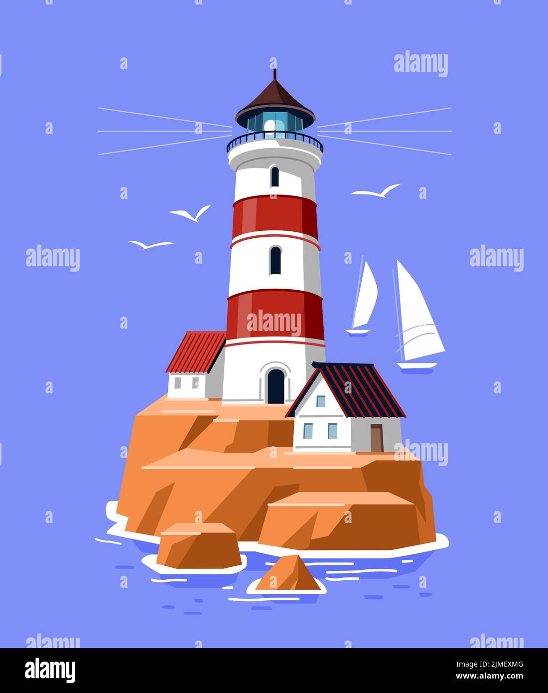 Lighthouse on rock island in sea. Seascape with beacon tower. Marine ...